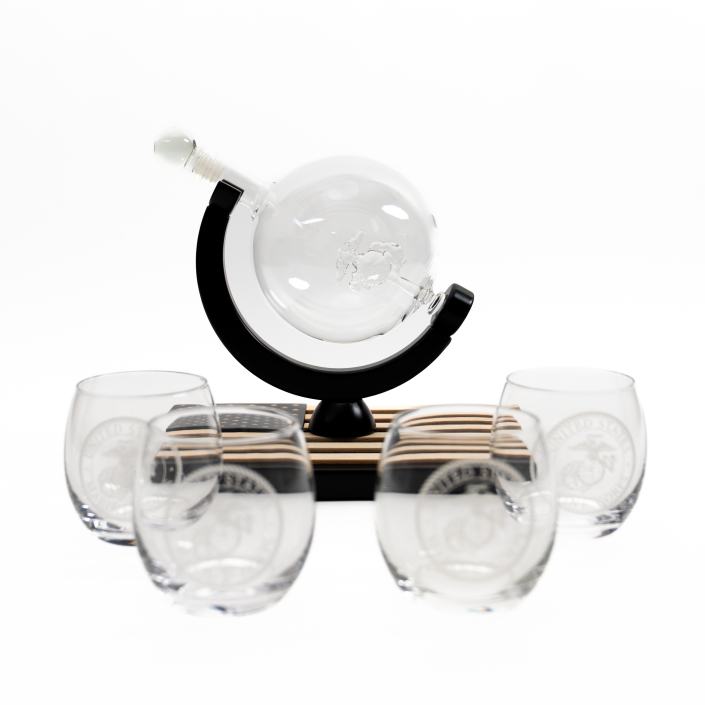 USMC Globe Decanter Set w/4 Emblem Glasses - The Marine Shop